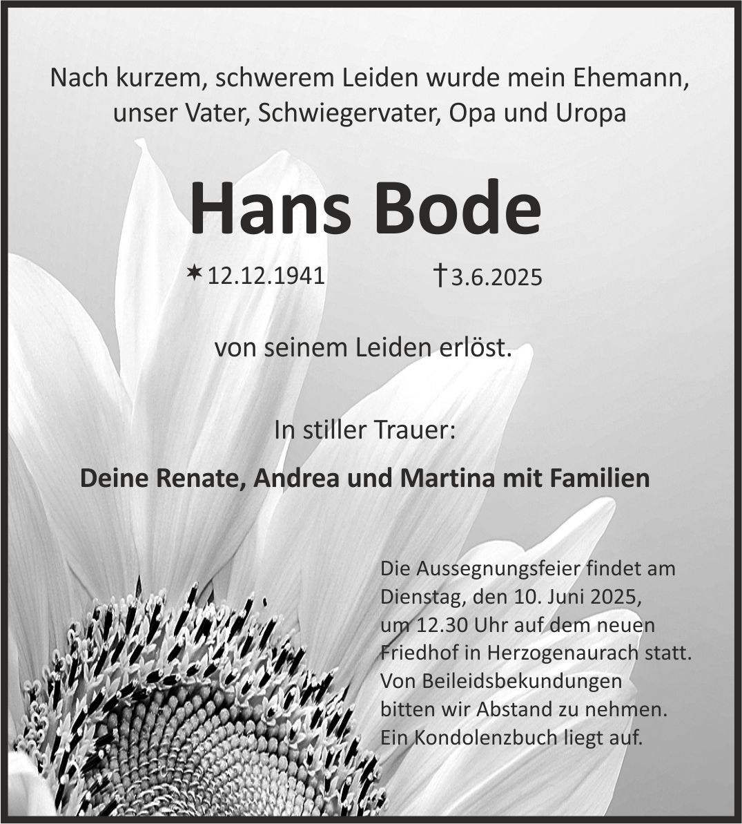 Traueranzeigen – Bestattungen Erich Petratschek Herzogenaurach